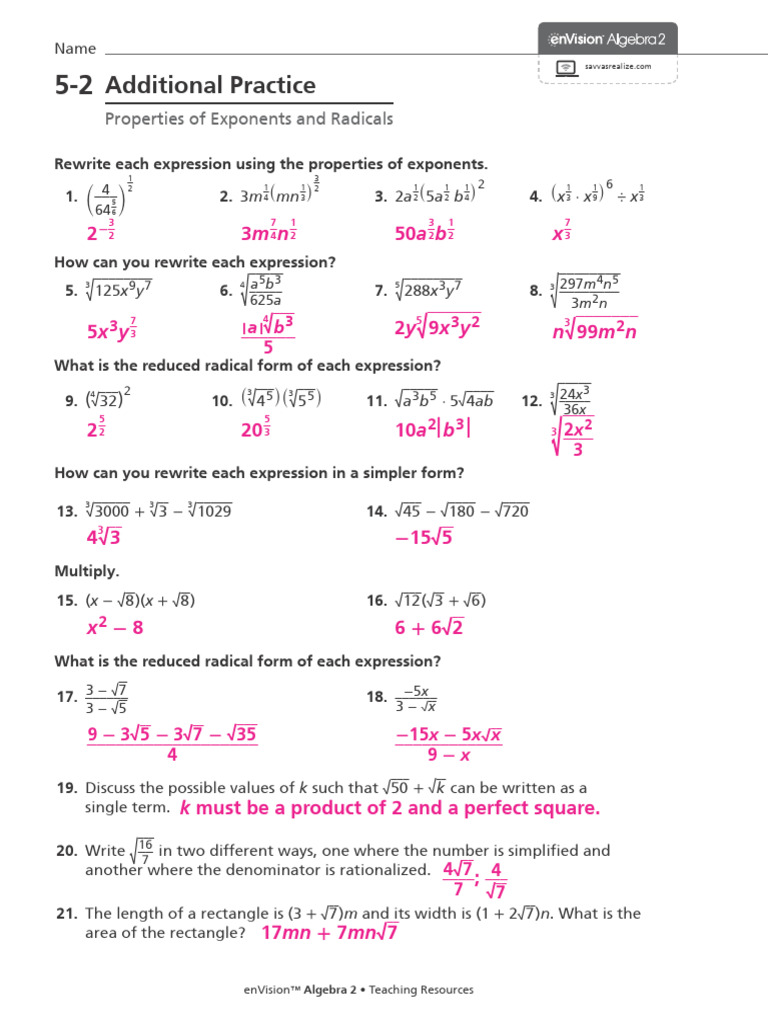 5-2 - Additional Practice - Answer Key | PDF | Mathematical Objects ...