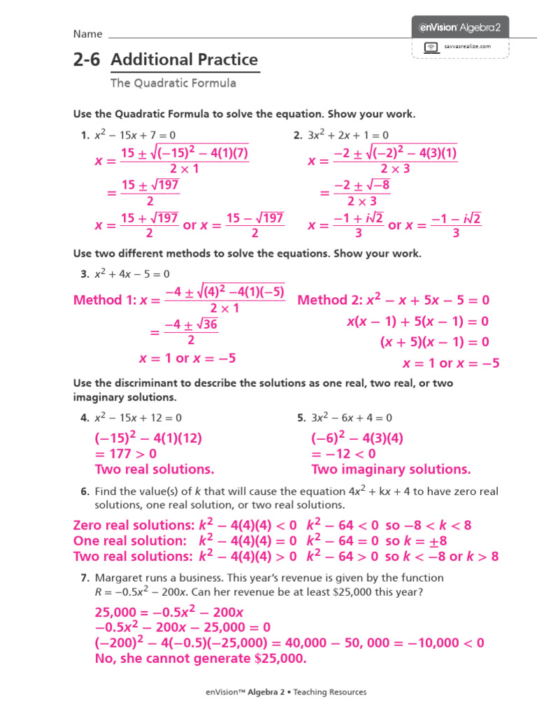 2.6 Additional Practice Answer Key | PDF | Quadratic Equation | Mathematics