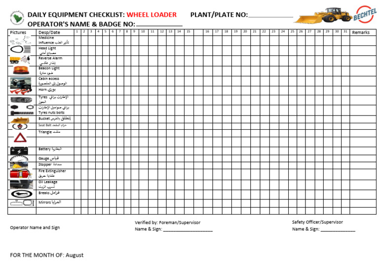 Wheel Loader Checklist | PDF