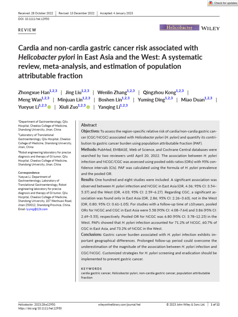 Cardia and Non Cardia Gastric Cancer Risk Associated With Helicobacter ...