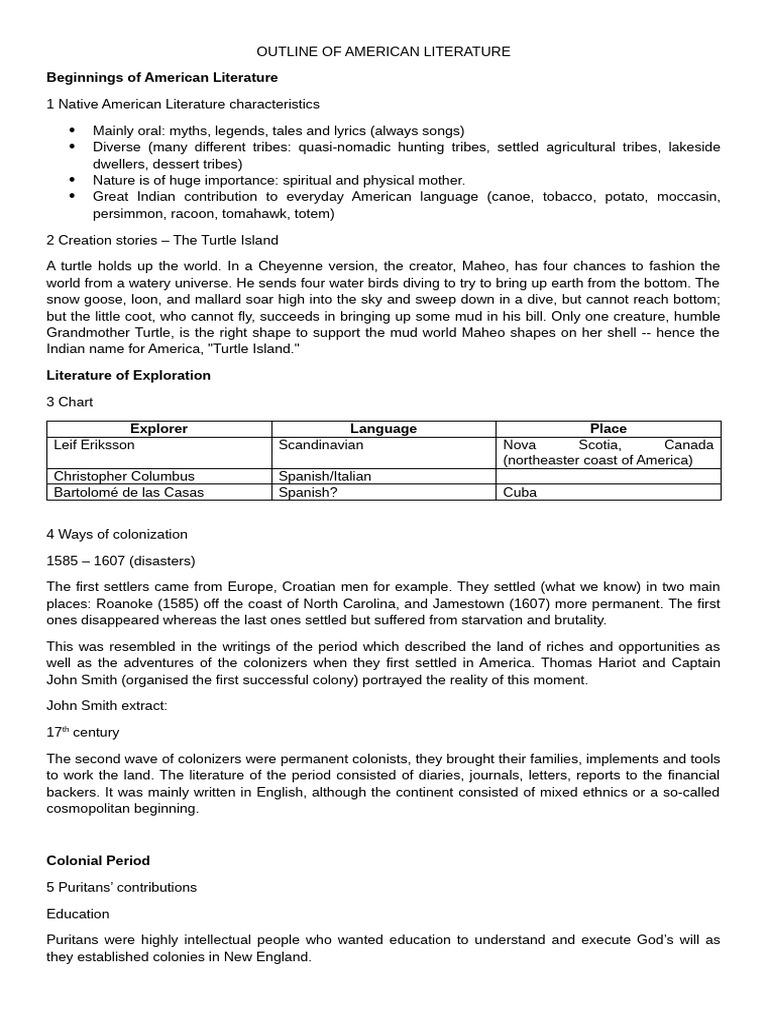 Outline of American Literature | PDF | Puritans | Plymouth Colony