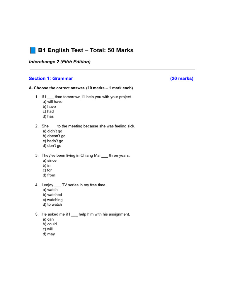 50 Marks - B1 (Intermediate) Exam | PDF | Human Communication | Learning