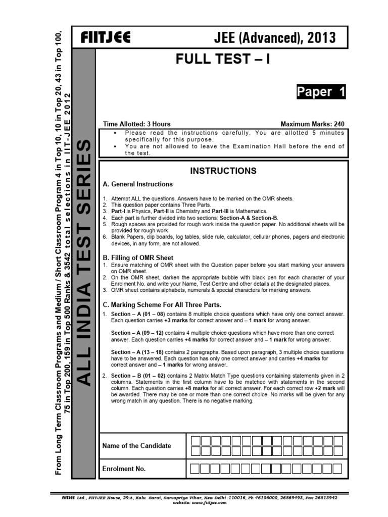Fiitjee All India Test Series 2013 | PDF | Chemistry | Physical Sciences
