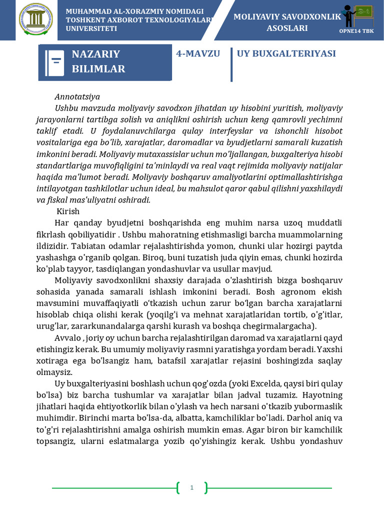 4-Mavzu Nazariy Moliyaviy Savodxonlik Asoslari | PDF