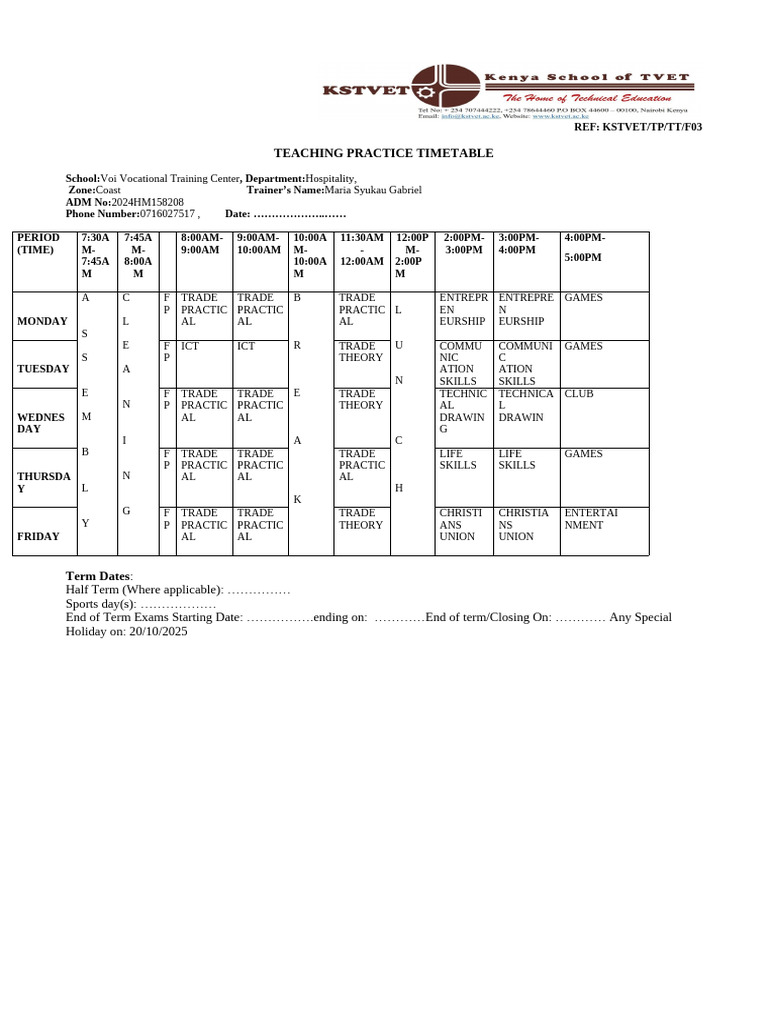 Madam Maria Timetable | PDF | Educational Stages