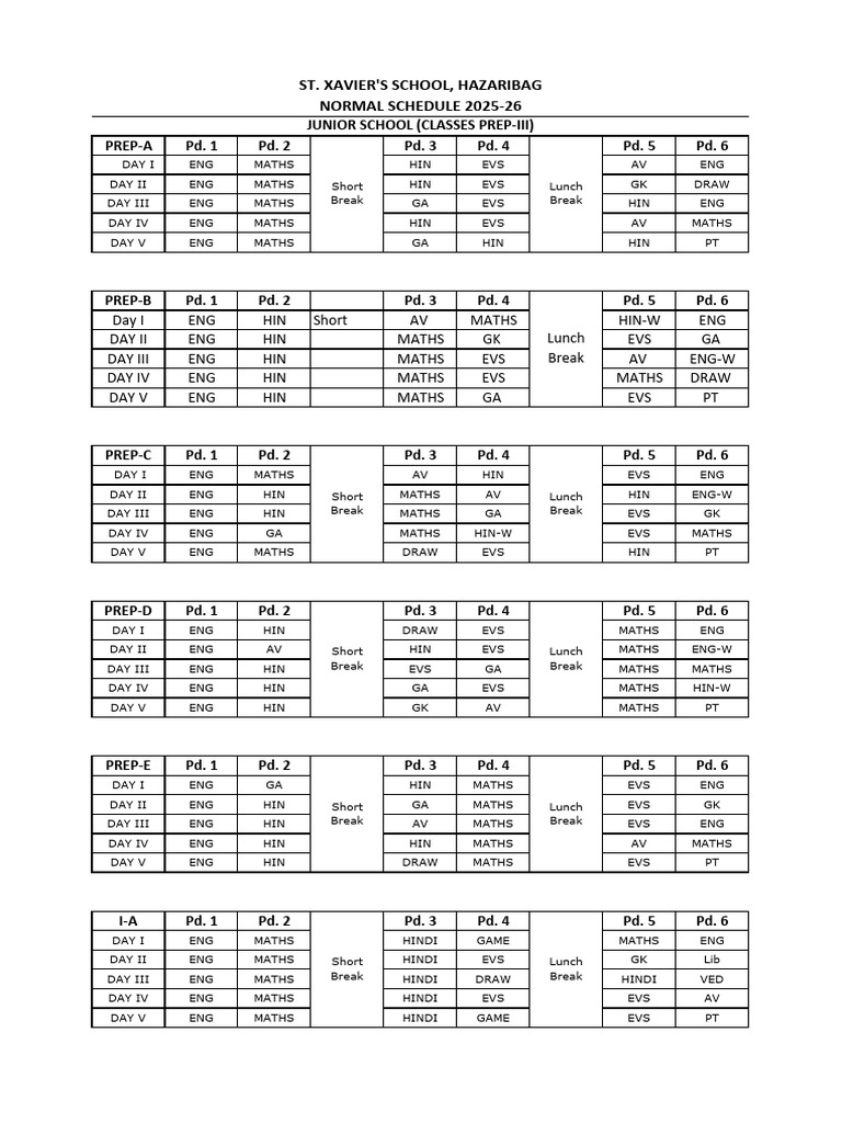 St. Xavier'S School, Hazaribag Normal Schedule 2025-26 | PDF