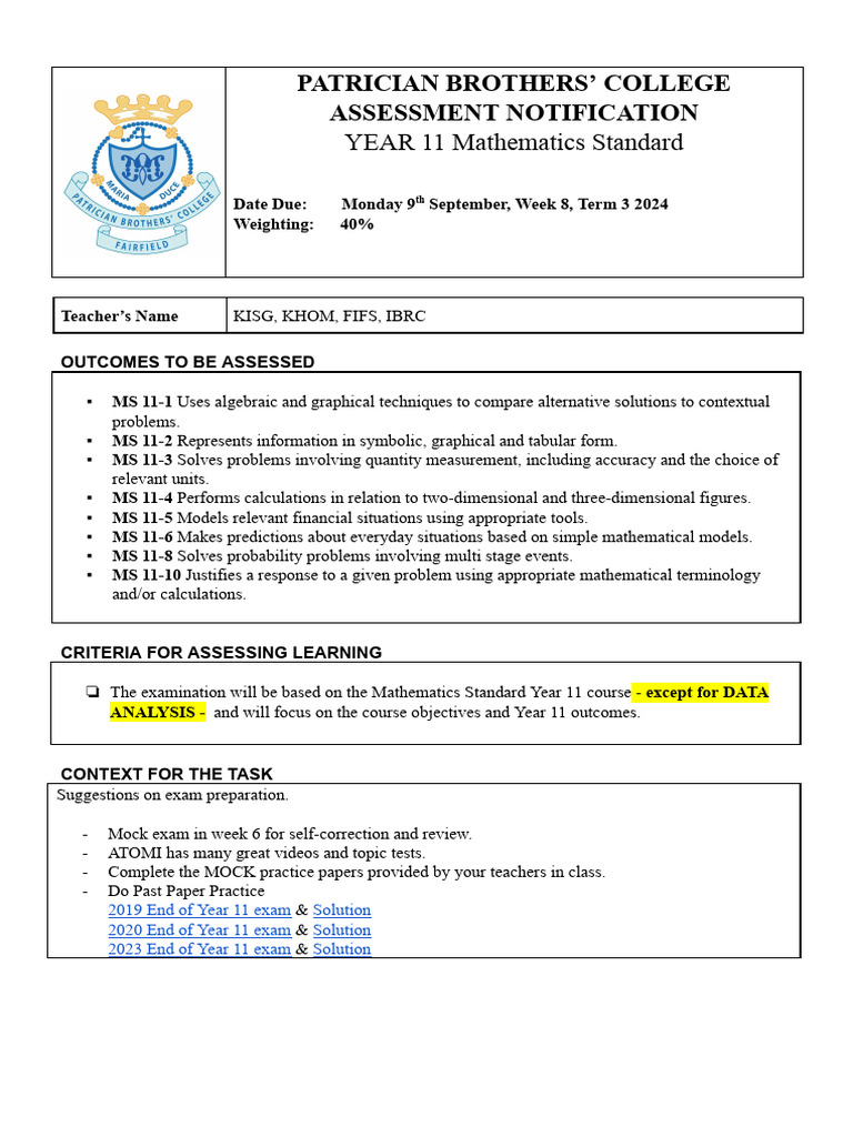 Task 3 - Year 11 Mathematics Standard Assessment Notification Task 3 ...
