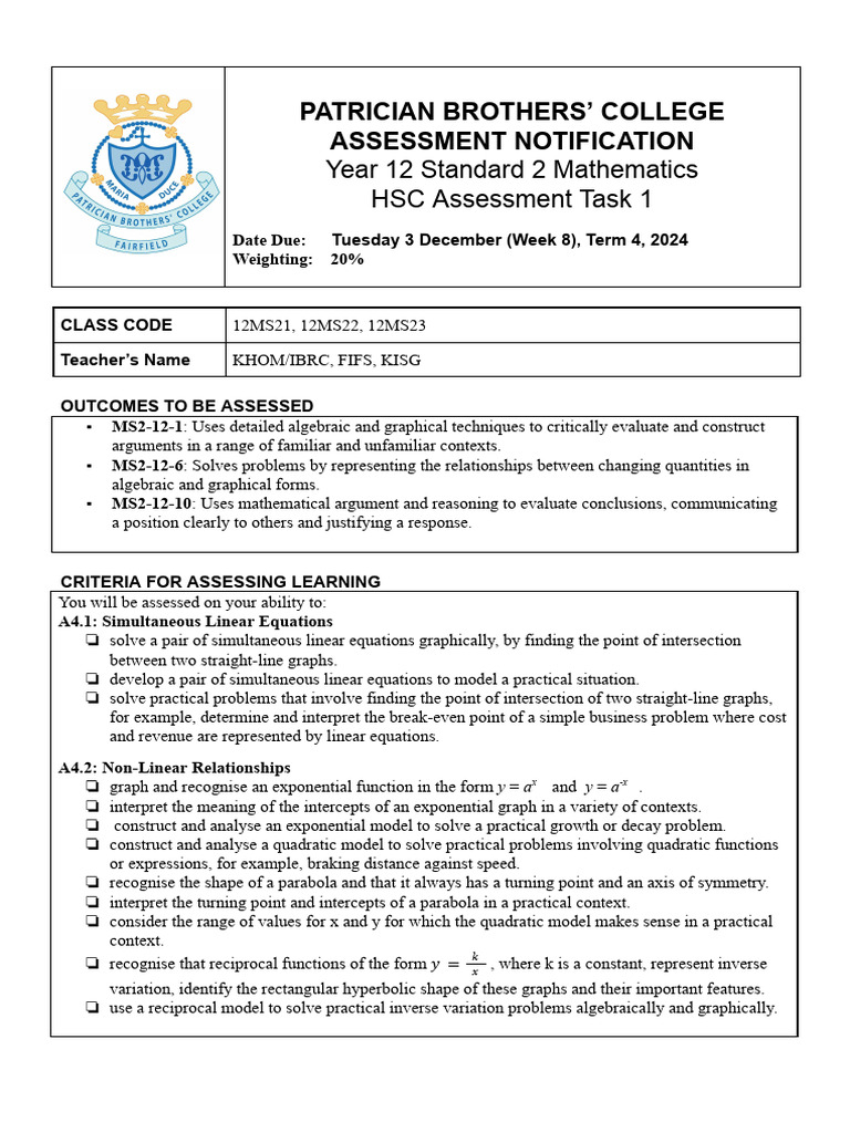 2024 - 25 12MS2 HSC AT#1 Notification | PDF | Equations | Quadratic Equation