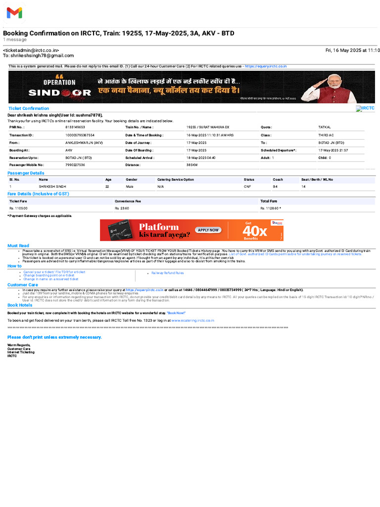 Gmail - Booking Confirmation On IRCTC, Train - 19255, 17-May-2025, 3A, AKV - BTD | PDF | Service ...