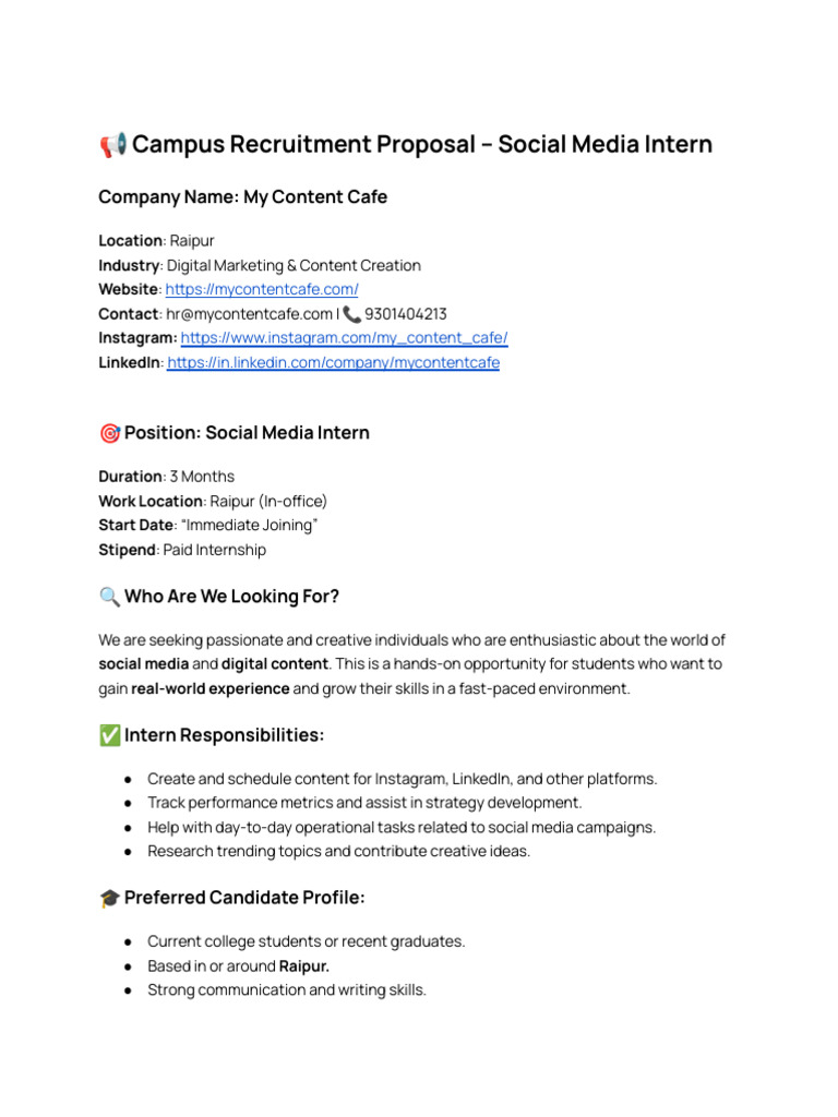 Social Media Intern Position at My Content Cafe | PDF