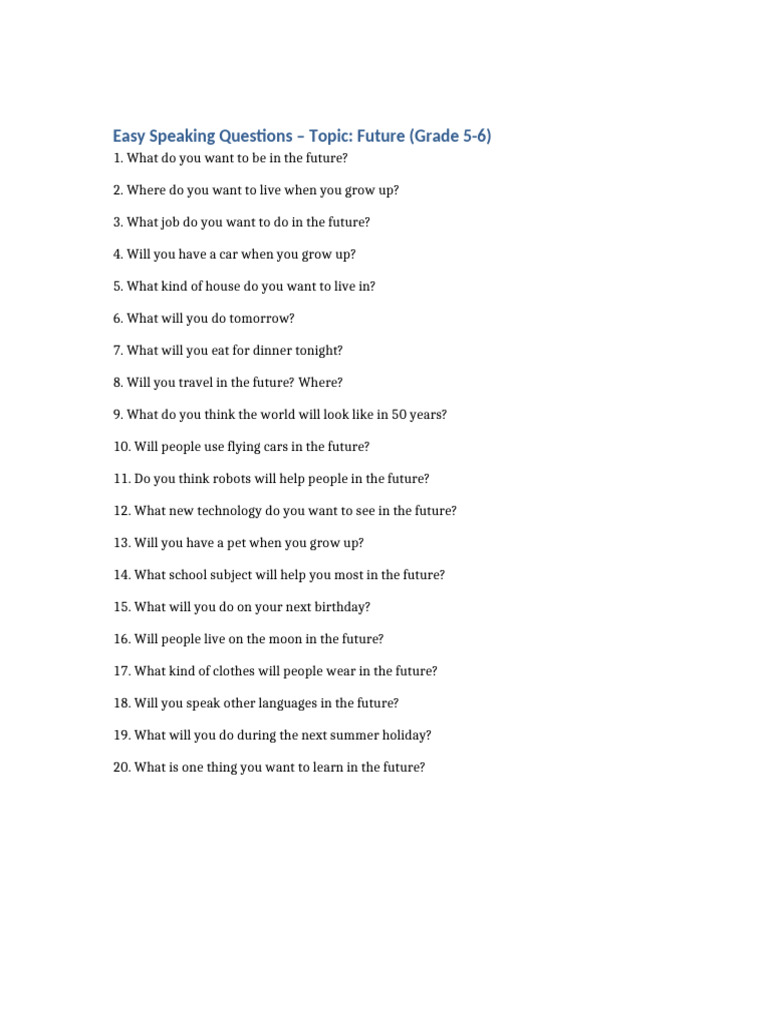 Future Speaking Questions for Kids | PDF