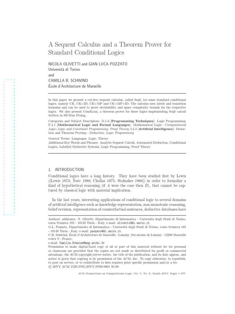 A Sequent Calculus and a Theorem Prover for Standard Conditional Logics | PDF | Logic | Theorem