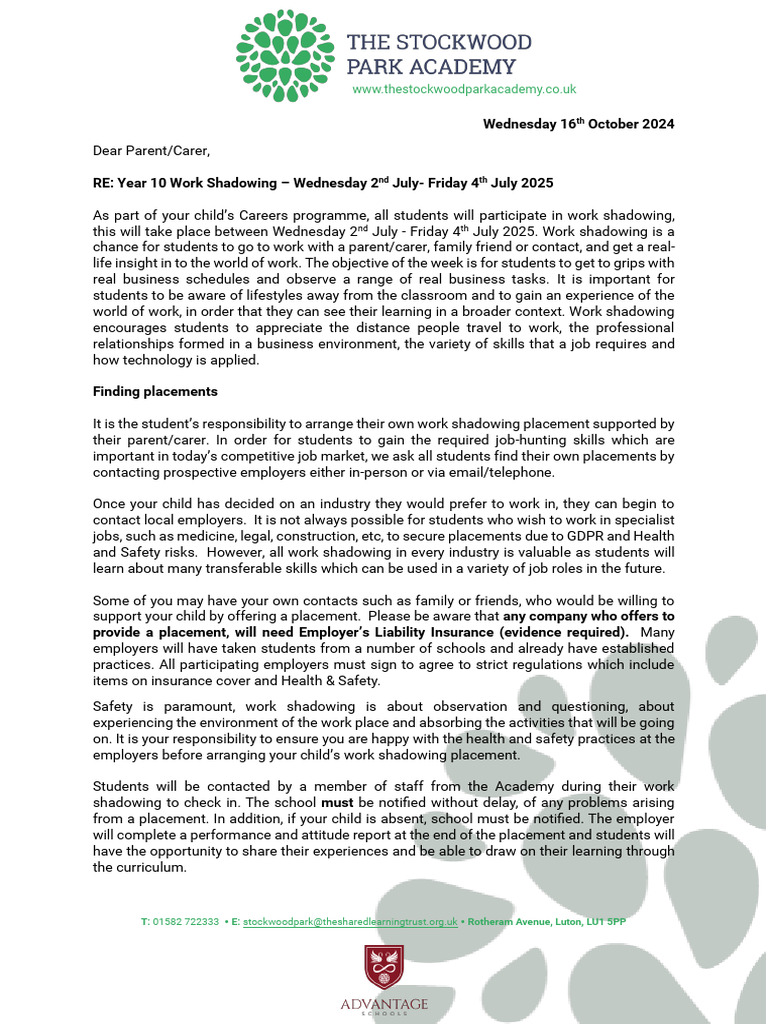 Year 10 Work Shadowing Letter - October 2024 | PDF | Caregiver | Learning