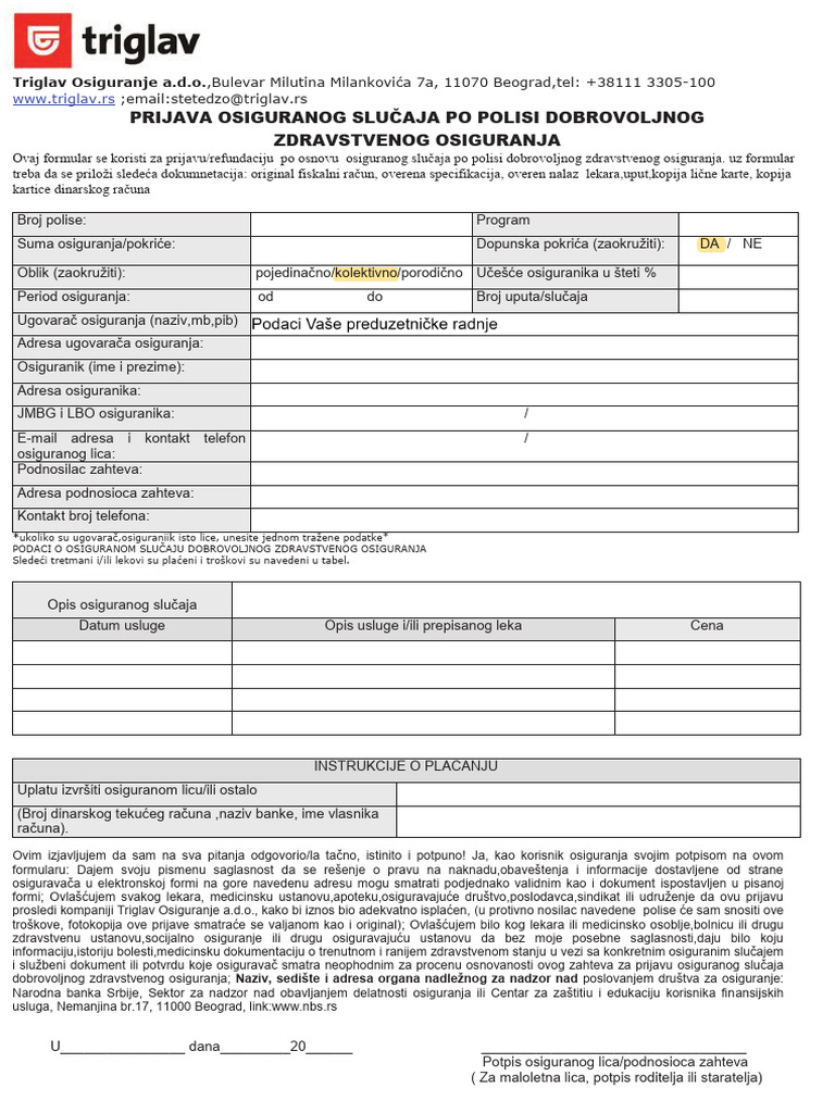Triglav Obrazac Za Prijavu Osiguranog Slučaja Preduzetnici PRIMER | PDF