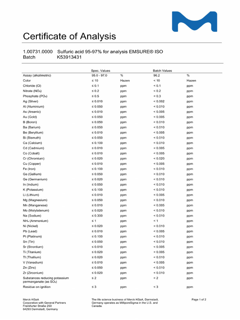 Certificate Sulfuric Merck | PDF