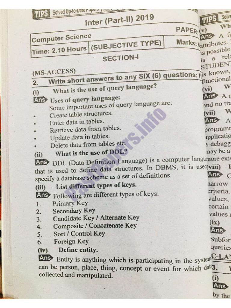 2nd Year Computer Past Paper 2019 Subjective | PDF
