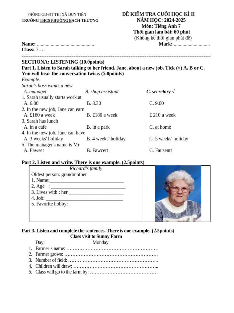 Anh 7 Cuoi HK2-De, Dap An | PDF