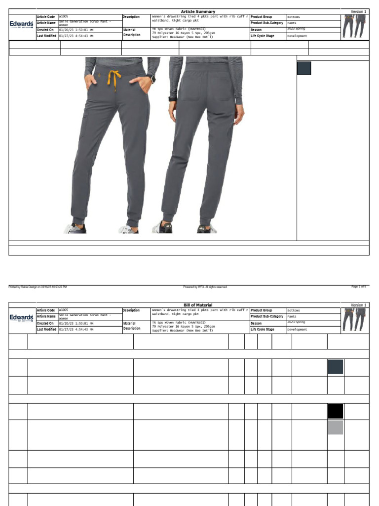 Techpack - SmileGenerationScrubPantWomen (W1005 - V1) | PDF | Seam (Sewing) | Clothing