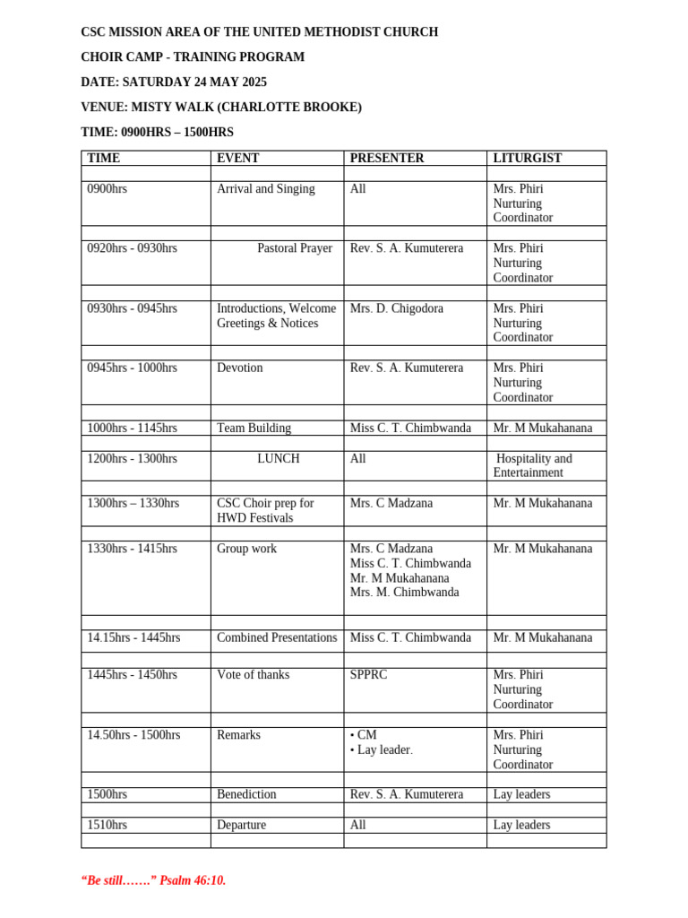 CSC Choir Camp Training Schedule | PDF | Worship | Protestantism