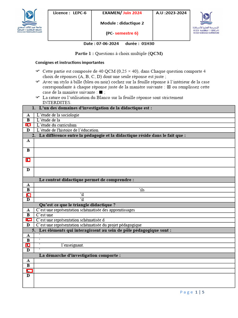 Examen Didactique 2024 - QCM SVT | PDF | Pédagogie | Apprentissage
