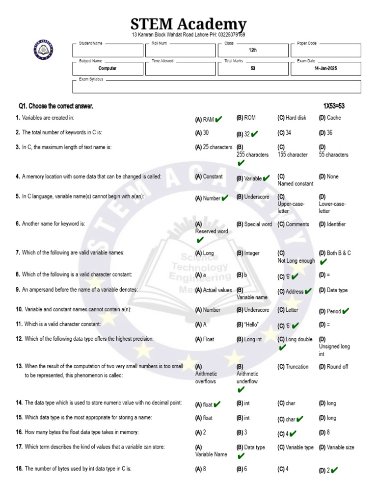 SmartTest Solution: C Language Quiz | PDF | Integer (Computer Science ...