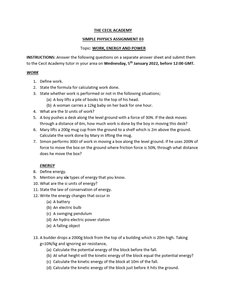 Work, Energy Power Assignment | PDF | Force | Potential Energy
