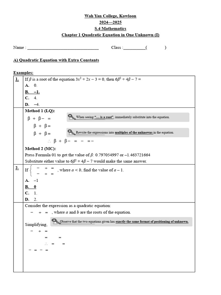 Quadratic Equations: S.4 Math Guide | PDF | Equations | Zero Of A Function