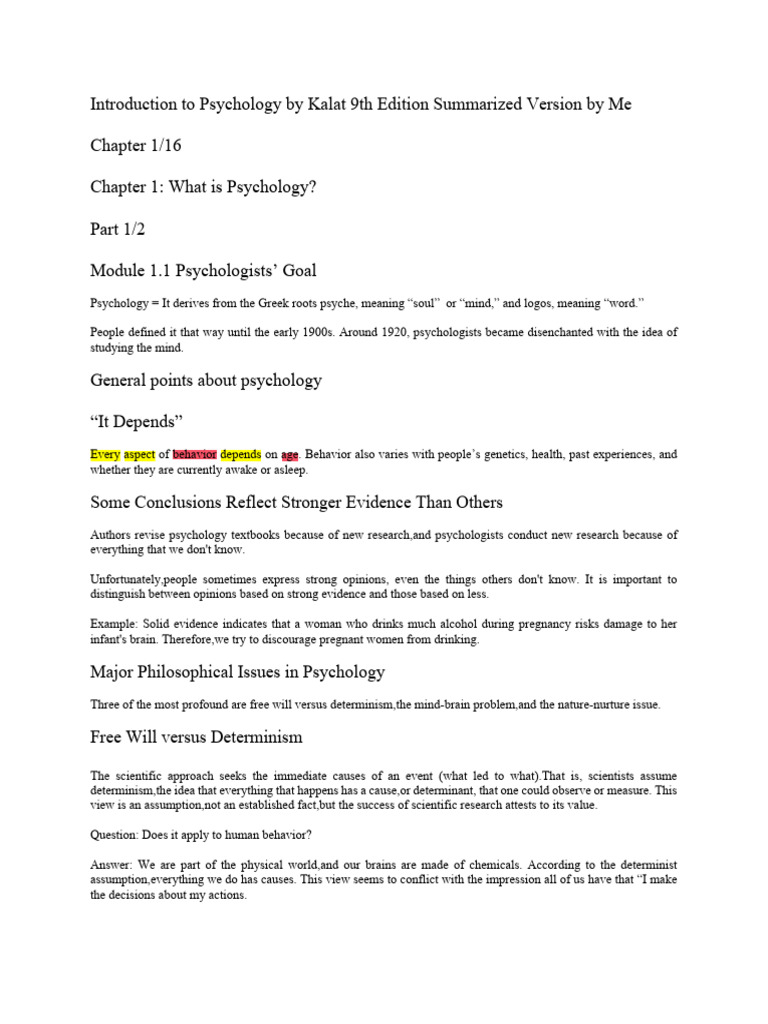 Part 1 Introduction To Psychology by Kalat 9th Edition Summarized ...