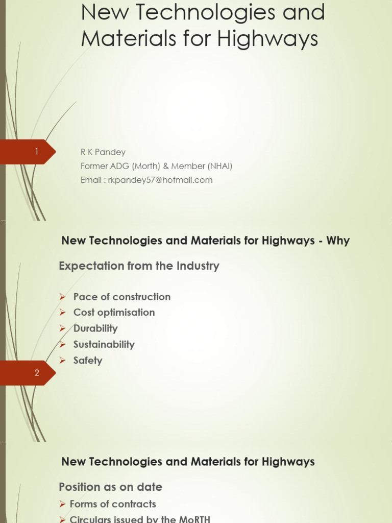 New Technologies and Materials For Highways 9.8.23 RK Pandey Sir | PDF | Concrete | Road Surface