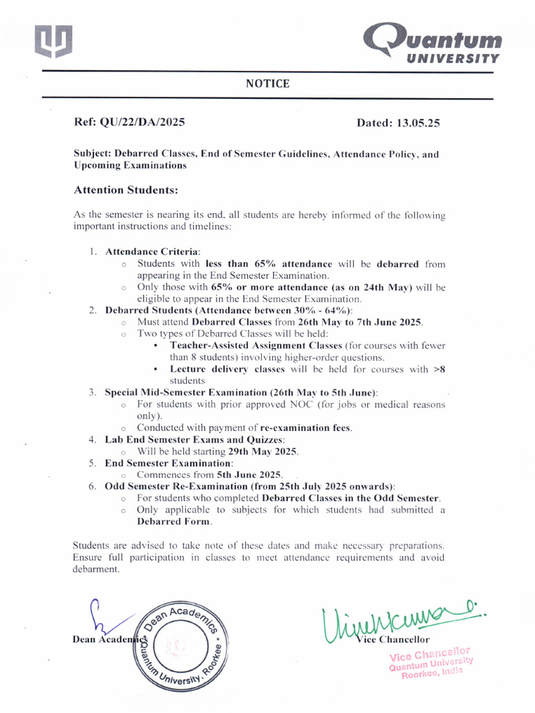 Debbared Classes and End Semester Guidelines For Students | PDF