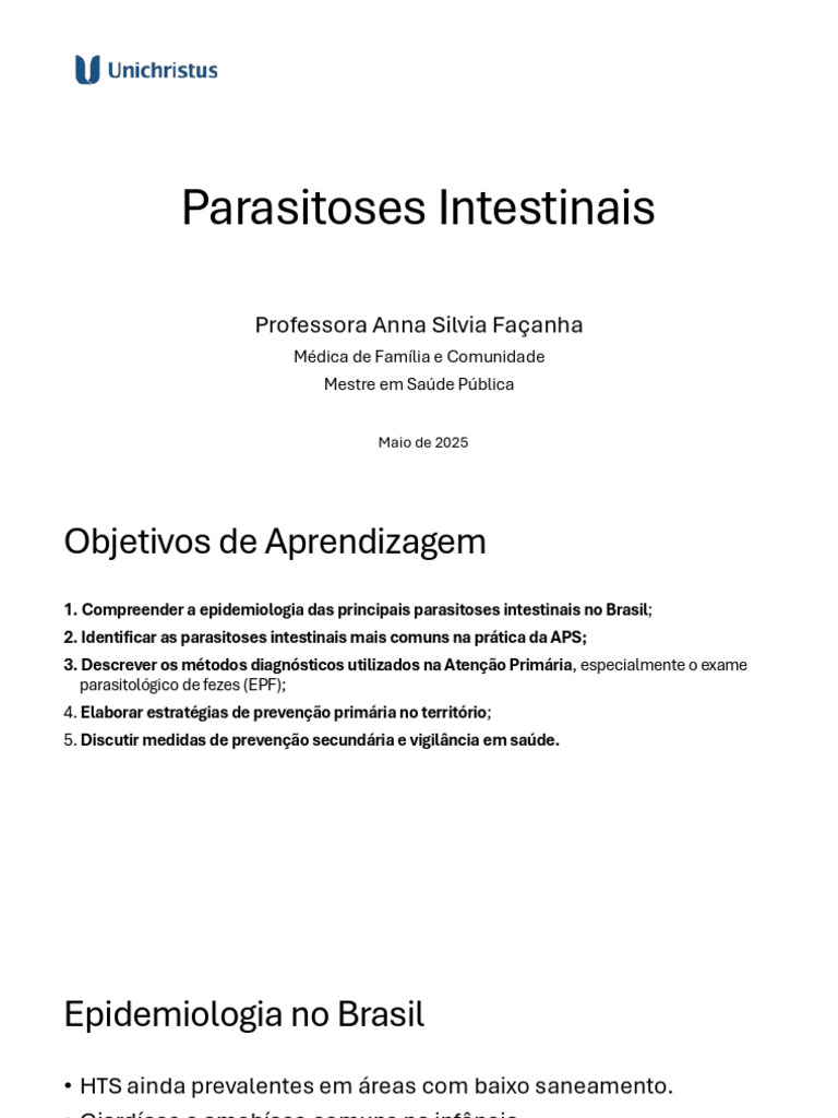 Parasitoses Intestinais - UNICHRISTUS | PDF | Medicina Clínica ...