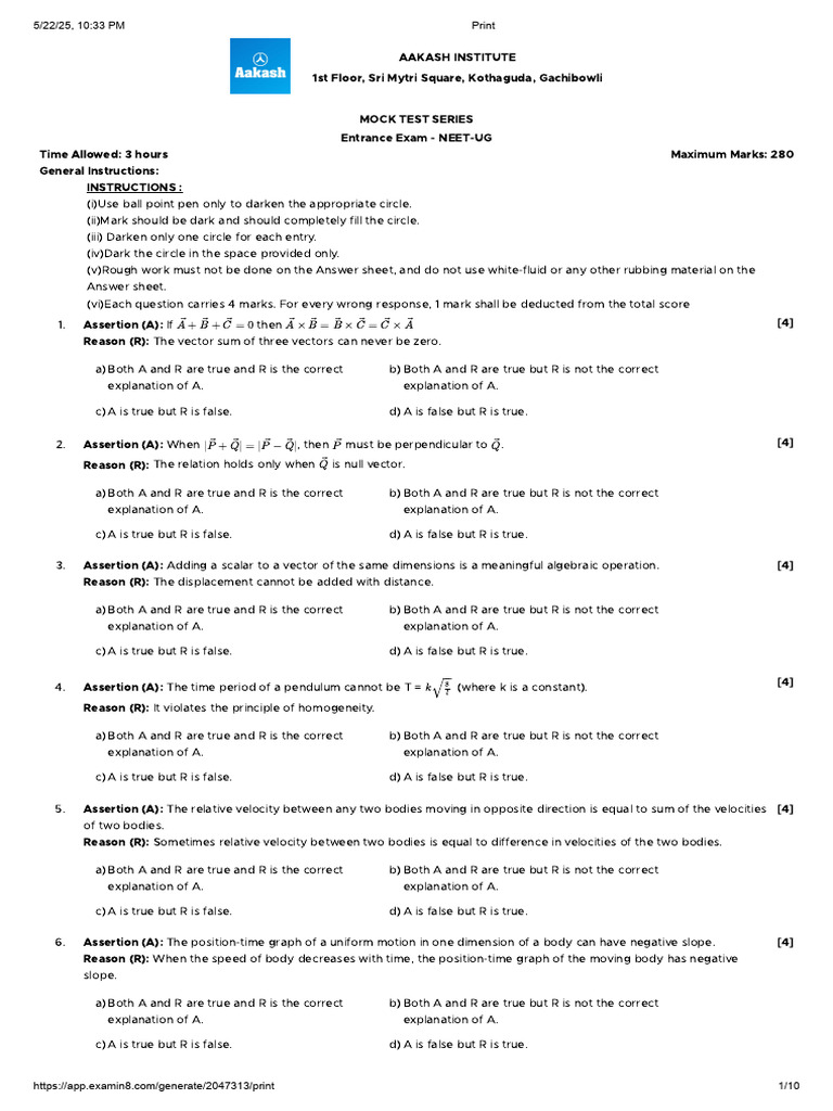 Assertion Reason Questions Physics | PDF | Collision | Acceleration