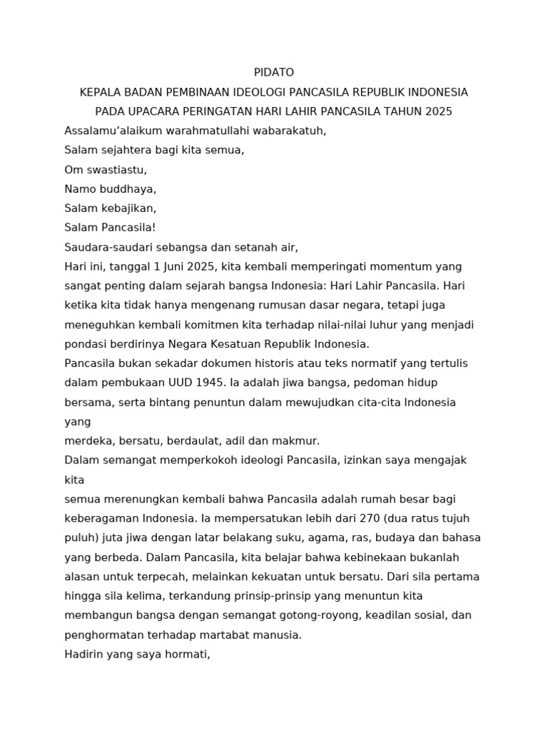 Pidato Harlah Pancasila 2025 | PDF