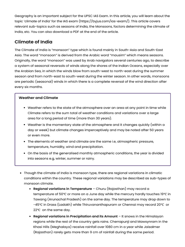 Climate of India for UPSC IAS Exam | PDF | Monsoon | Jet Stream