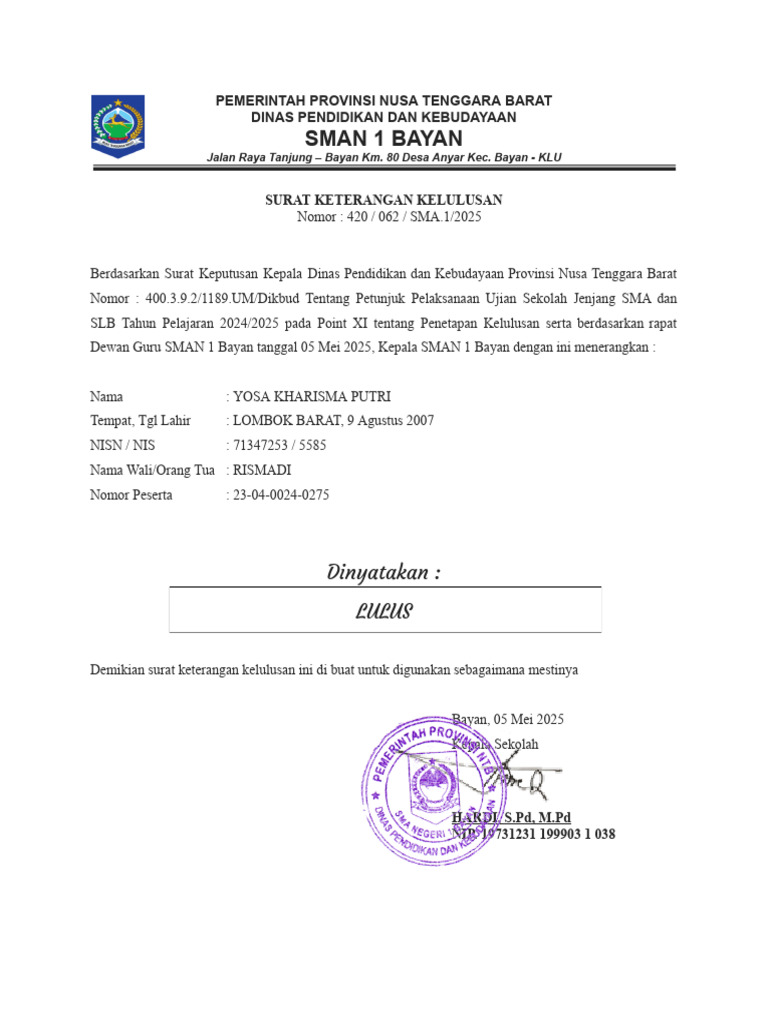 Yosa Kharisma Putri SKL 2025 | PDF