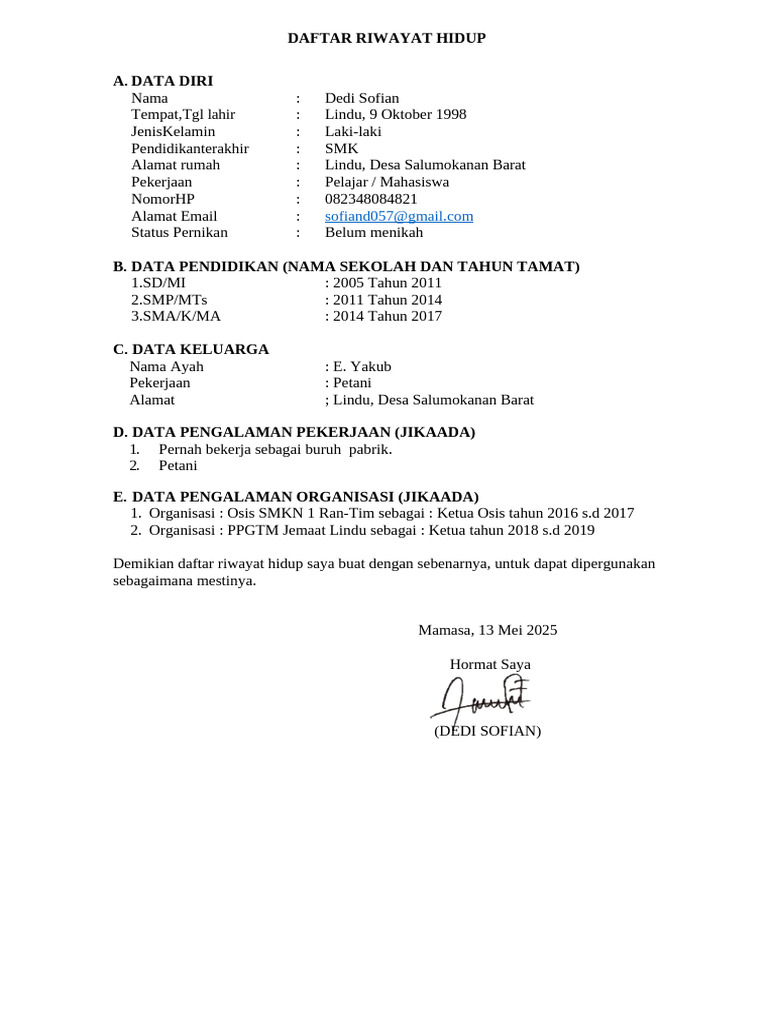 Daftar Riwayat Hidup Dedi Sofian | PDF