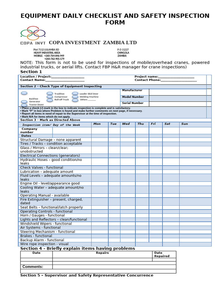 Equipment Daily Checklist | PDF | Crane (Machine) | Loader (Equipment)
