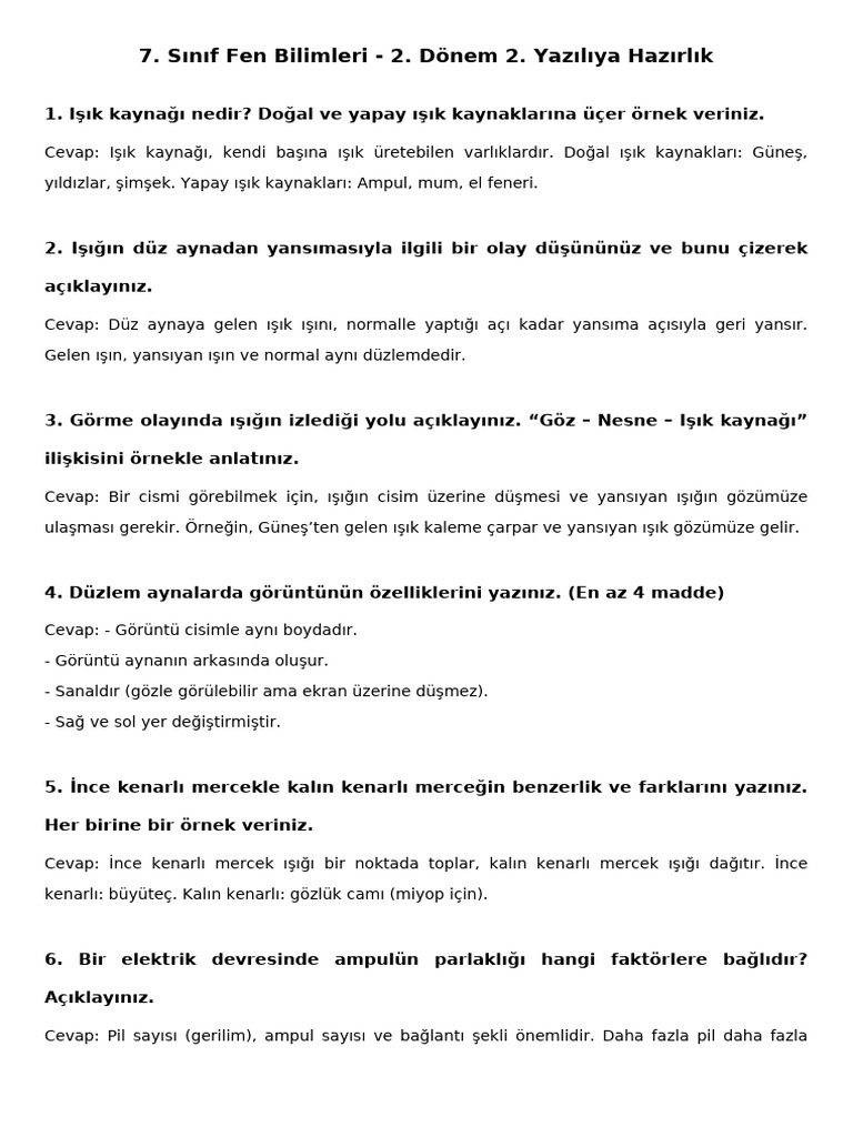 7 Sinif Fen Bilimleri Yazili Hazirlik | PDF