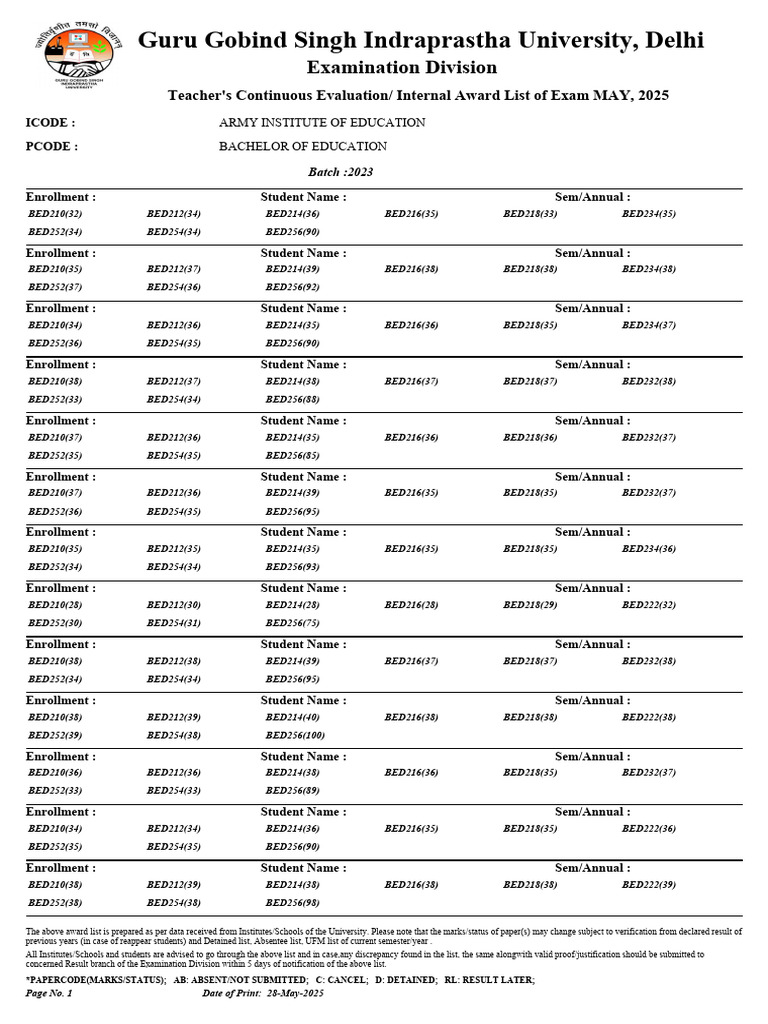 GGSIPU Internal Marks List 2025 | PDF | Educational Assessment And ...