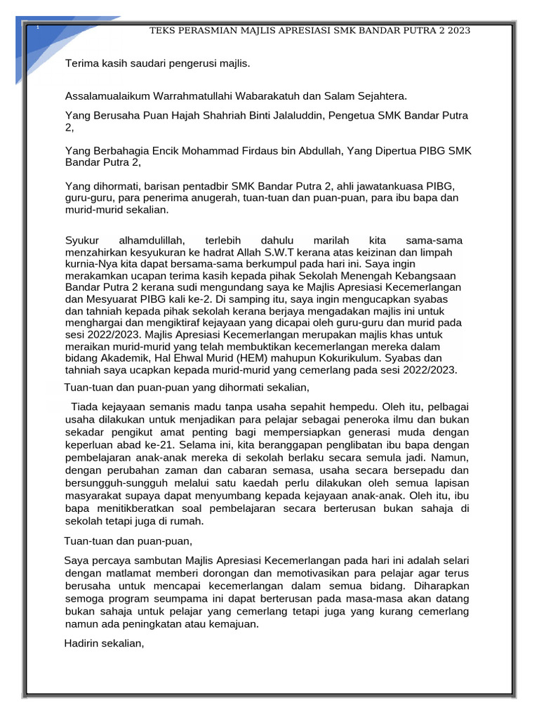 Teks Perasmian Majlis Apresiasi Dan Mesyuarat Pibg | PDF