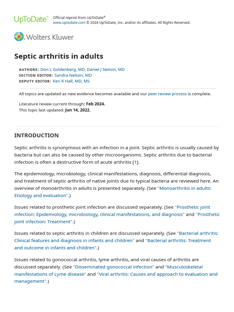 Septic Arthritis in Adults: Overview and Insights | PDF | Sepsis ...