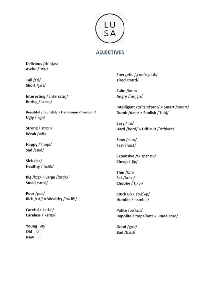 Adjectives LIST | PDF
