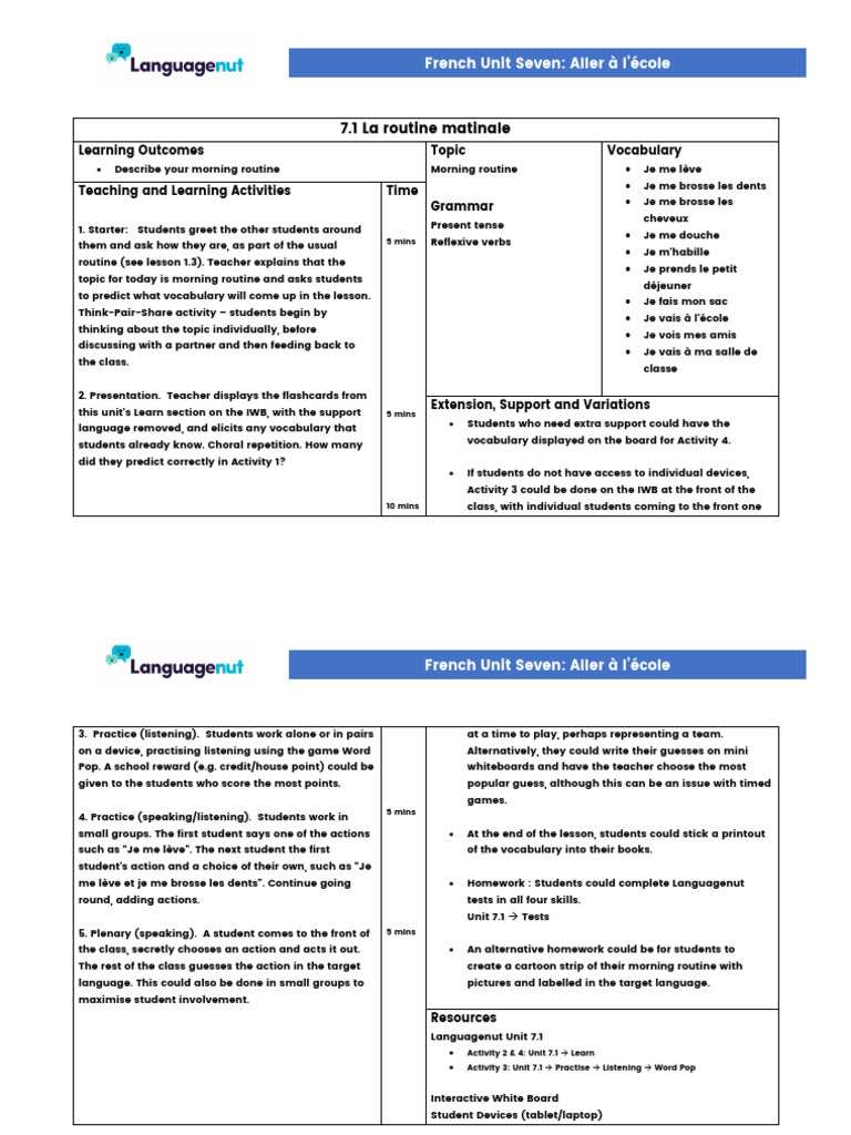 French Morning Routine and Transport Vocabulary | PDF | Linguistics ...