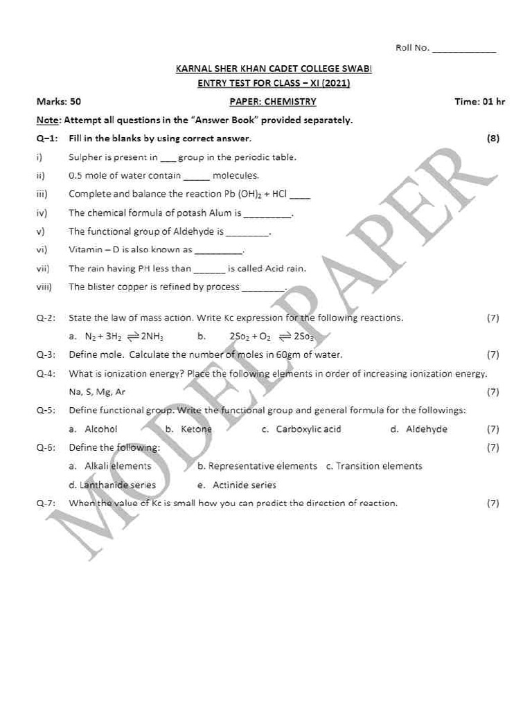 Model Papers Class XI | PDF