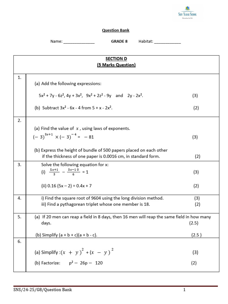 Grade 8 Math Question Bank | PDF | Road