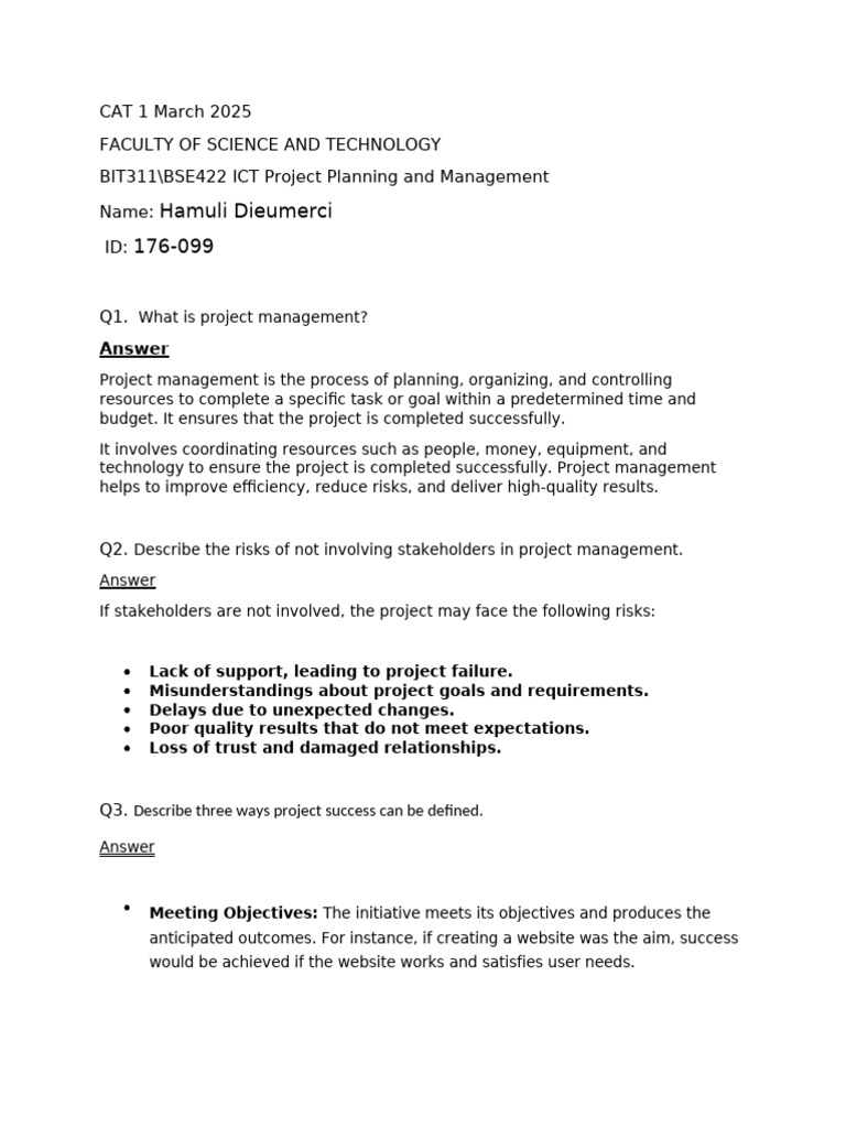 Hamuli Dieumerci 176-099 CAT1 BIT311 | PDF | Project Management ...