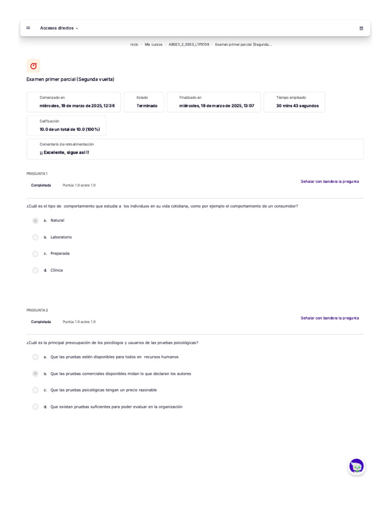 Examen primer parcial (Segunda vuelta)_ Revisión del intento | PDF | Sicología | Ciencia cognitiva