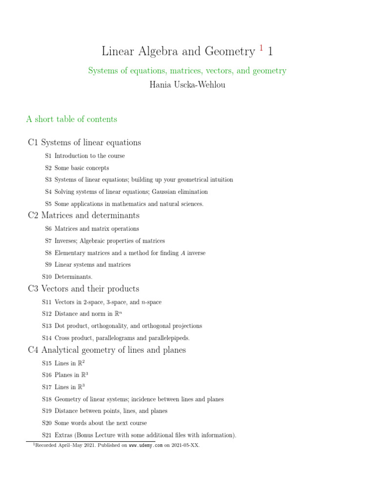 Outline Linear Algebra and Geometry 1 | PDF | Matrix (Mathematics) | Determinant