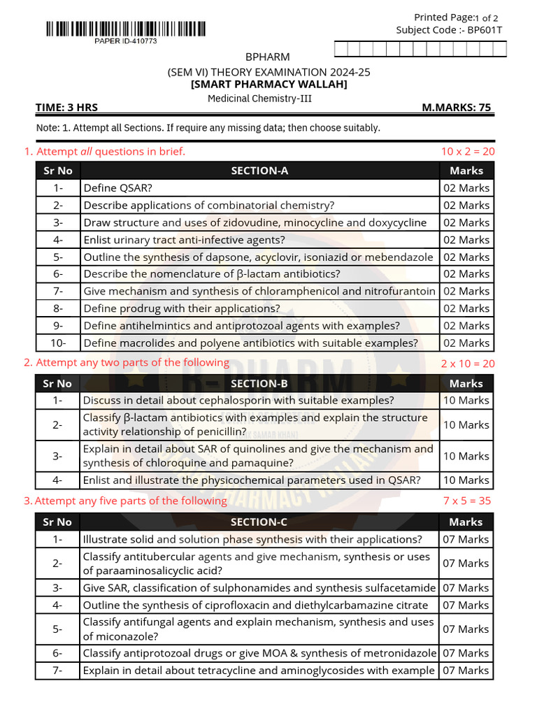 Guess Paper - (Medicinal Chemistry-03) - 6th Semester-Smart Pharmacy Wallah-Drx Samar Khan | PDF ...