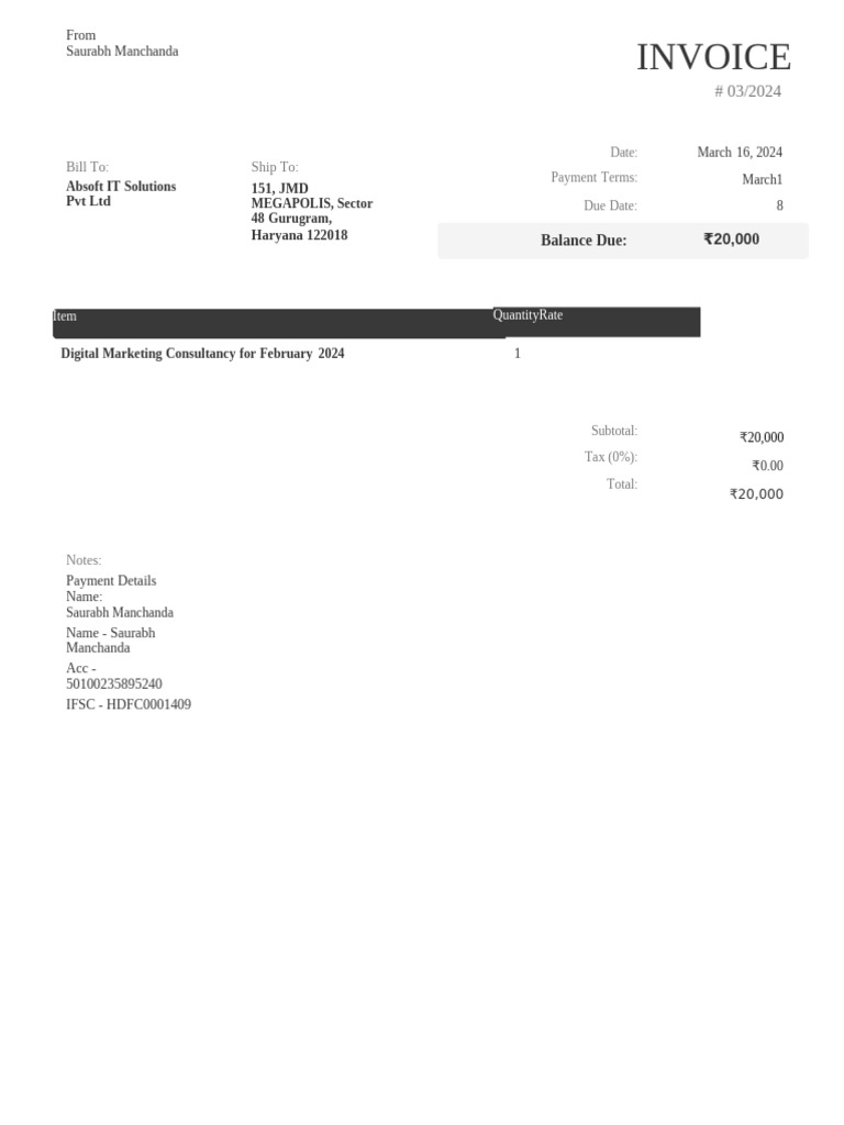 Invoice #03/2024 from Saurabh Manchanda | PDF